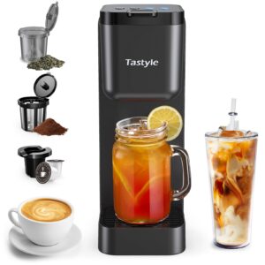 tastyle coffee and tea maker, 3 in 1 single serve brewer for k cup, grounds & tea, hot and iced coffee maker with 4 brew styles and 16oz water reservoir, fits 7.3'' travel mugs, black