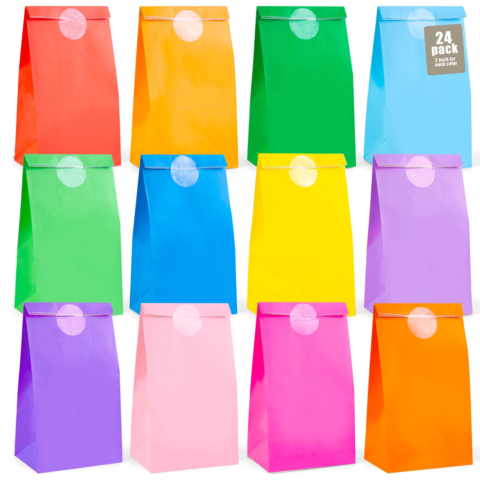 Shindel 24PCS Colorful Treat Bags, Gift Bags with Stickers Party Favor Paper Bags Goodie Bags for Birthdays Baby Showers Wedding DIY Crafts