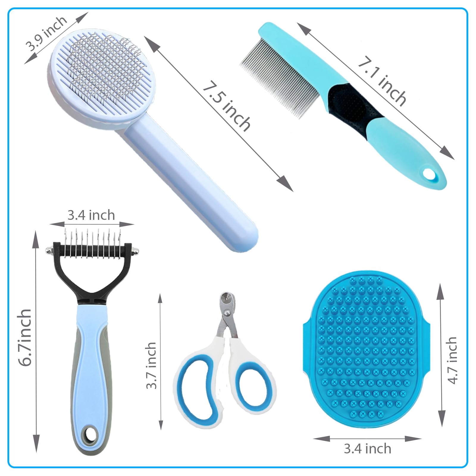 Grooming Brush Kit - 5pcs for Shedding & Matted Fur, Self-Cleaning with Flea Comb for Indoor Long-Haired Cats, Blue