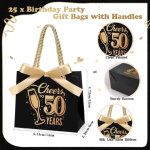 Clysee 25 Pcs Birthday Gift Bags with Handles Black and Gold Party Favor Bags Bulk for Birthday Wedding Anniversary Supplies Decorations, 5.51 x 2.36 x 4.72 Inches(Cheers to 50)