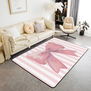 pink bowknot girly living room rugs area rug 3'x5',dreamy princess style watercolor bow rug for warm indoor floor mat,pink stripes geometric non-slip decorative rug