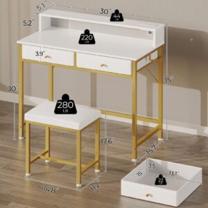 Seventable Vanity Desk Without Mirror, Makeup Vanity with Drawers and Charging Station, Small Desk with Storage for Bedroom, Simple Home Office Computer Desk for Small Spaces, White and Gold Leg