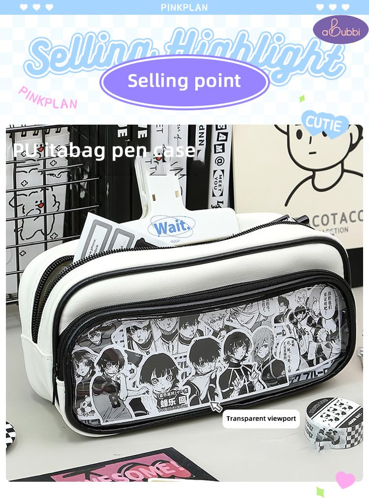 Abubbi ITA Pencil Pouch Large Capacity Pen Case with Transparent Window Black and White (Black and White)