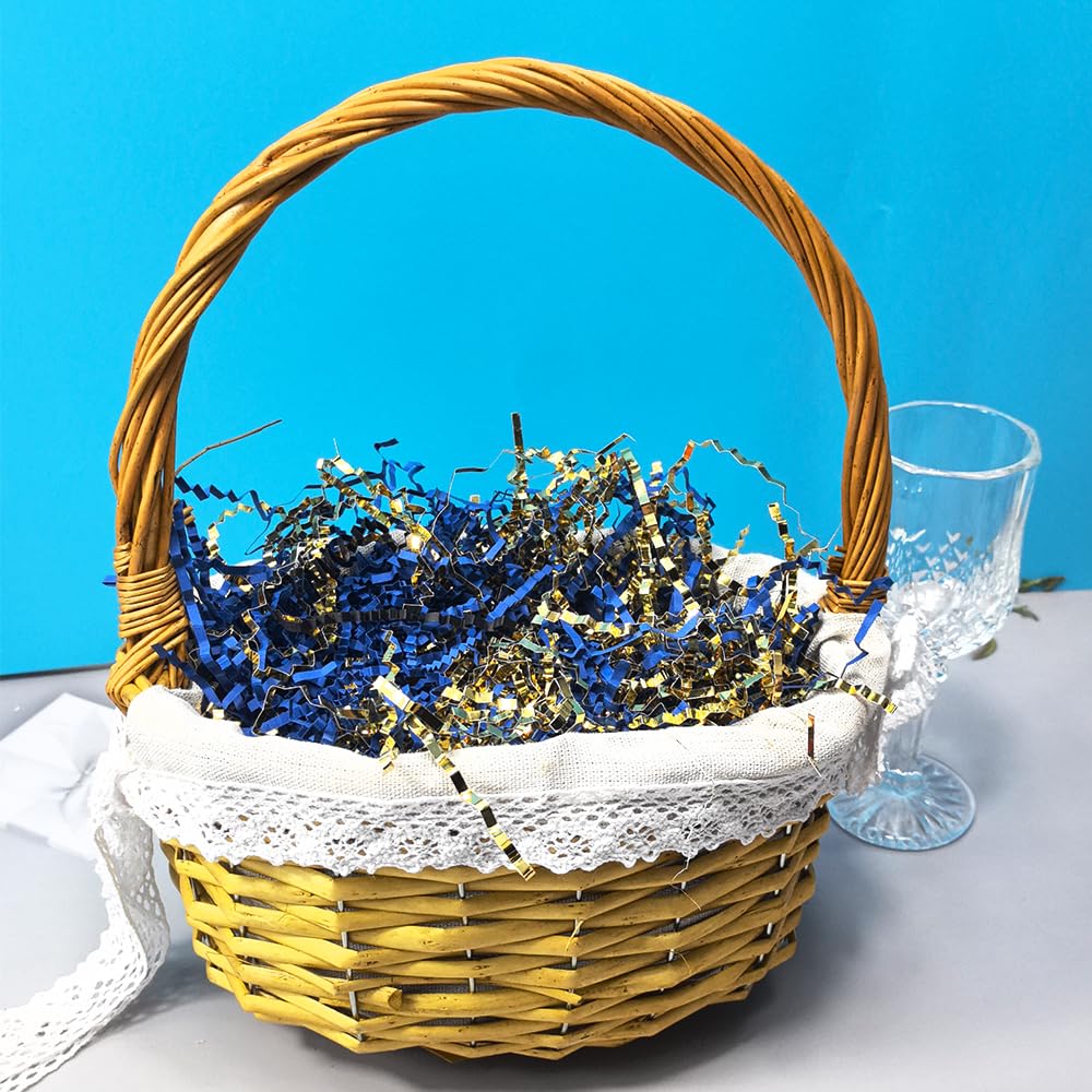 Keoferlo Crinkle Cut Paper 1/2 LB Baskets Shred Filler Paper Metallic Gold and Blue Craft Confetti Grass Raffia for Baskets Gift Wrap Decorations Display Merchandise (Metallic Gold and Blue)