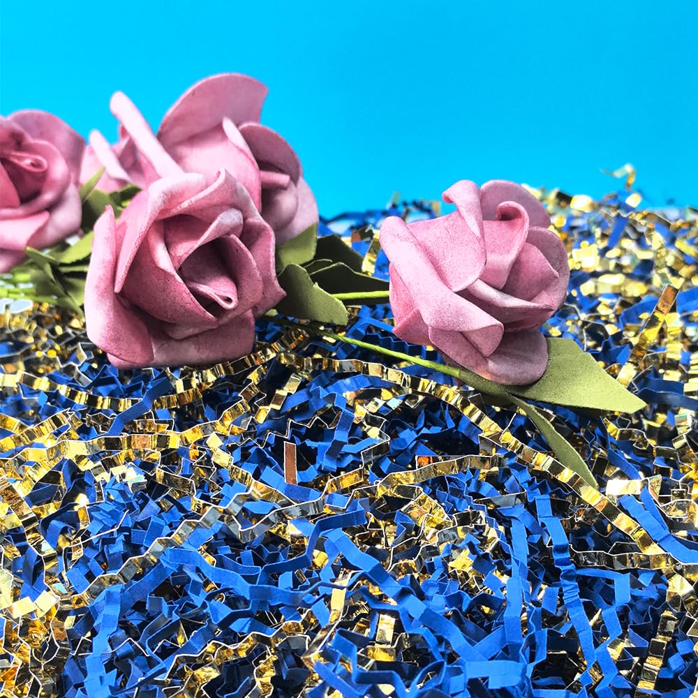 Keoferlo Crinkle Cut Paper 1/2 LB Baskets Shred Filler Paper Metallic Gold and Blue Craft Confetti Grass Raffia for Baskets Gift Wrap Decorations Display Merchandise (Metallic Gold and Blue)