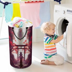 Fantasy Burgundy Nature Landscape Laundry Hamper Dirty Clothes,Watercolor Cool Japanese Torii Samurai Cabin Autumn Falling Leaves Large Laundry Basket Storage Basket For Bathroom 15.7W" X27.2H"