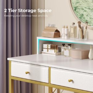 Seventable Vanity Desk Without Mirror, Makeup Vanity with Drawers and Charging Station, Small Desk with Storage for Bedroom, Simple Home Office Computer Desk for Small Spaces, White and Gold Leg