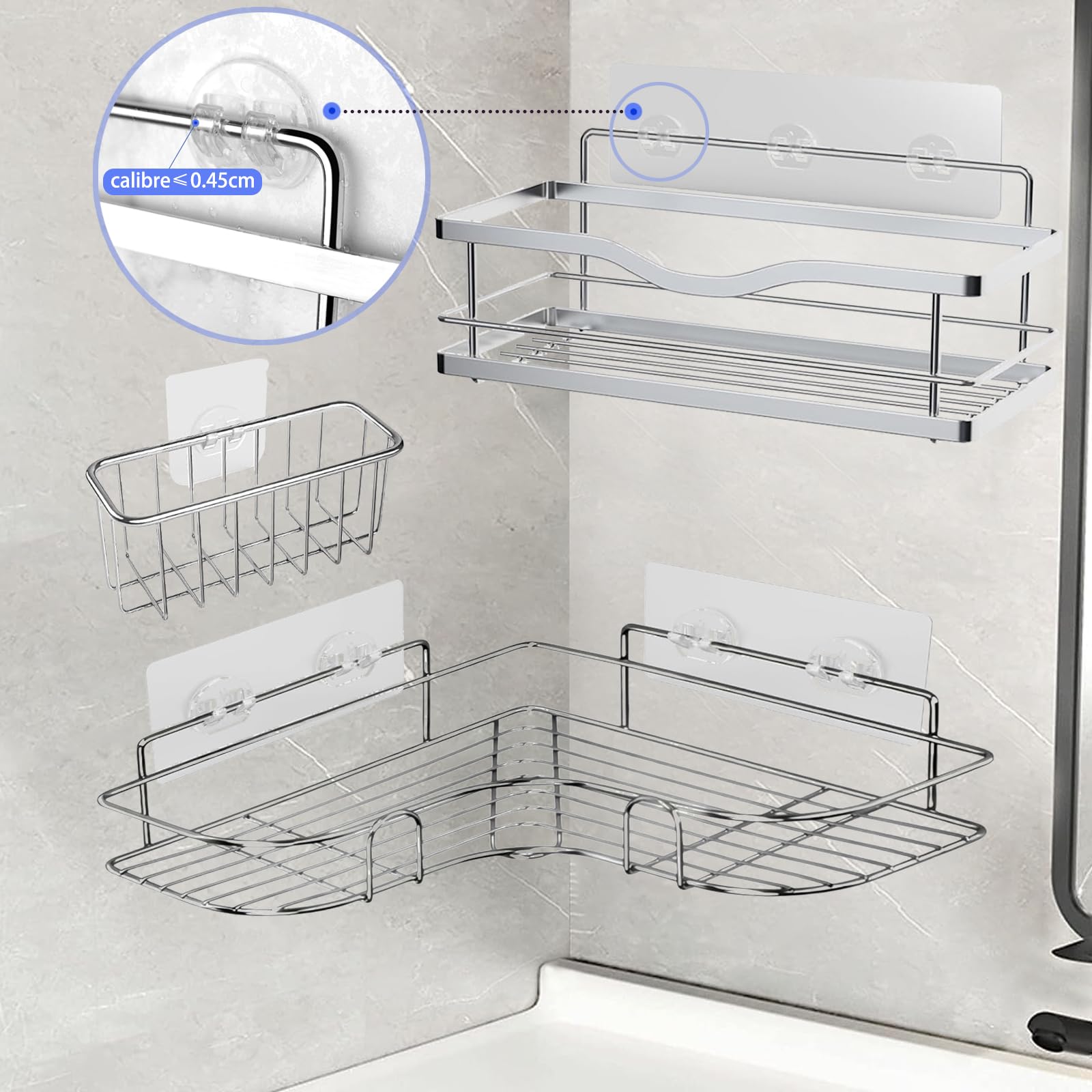 16-Pack Shower Caddy Adhesive Replacement, Transparent Adhesive Hooks Stickers, Strong Hook Strip for Shower Caddy Basket Shelf, Soap Holder, Bathroom Storage Racks and Kitchen Racks