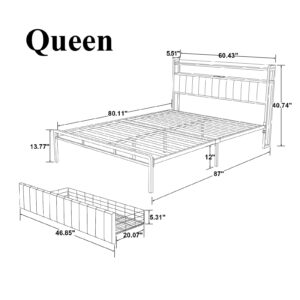 LoVinson Queen Bed Frame with Storage Headboard and LED Sensor Lights, Upholstered Headboard with Charging Station, Metal Platform Bed with Drawers, Noise-Free, Non-Slip, Black