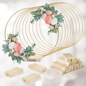 ourwarm 12pcs 12 inch floral hoop centerpiece with stand for table, metal center pieces with wood base gold circle centerpieces for wedding reception, diy table centerpieces, wall hanging crafts