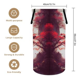 Fantasy Burgundy Nature Landscape Laundry Hamper Dirty Clothes,Watercolor Cool Japanese Torii Samurai Cabin Autumn Falling Leaves Large Laundry Basket Storage Basket For Bathroom 15.7W" X27.2H"