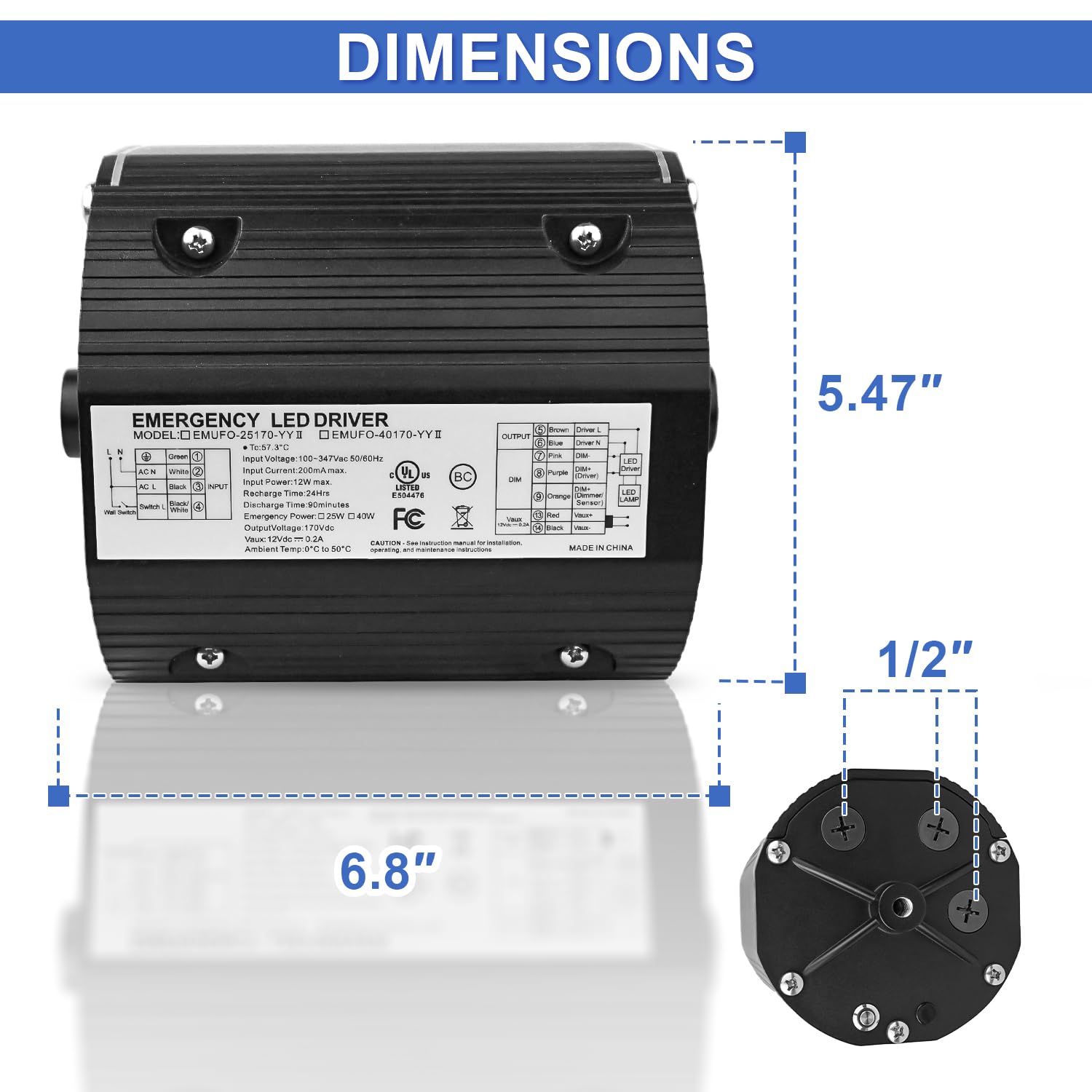 4Pack 40W LED Emergency Backup Driver, 0/1-10V Dimmable, 90mins Backup Time AC100-347V Emergency Backup Battery, Output 170V DC,UL-Listed -Ideal Power Supply for High Bay Light, 5-Year Warranty