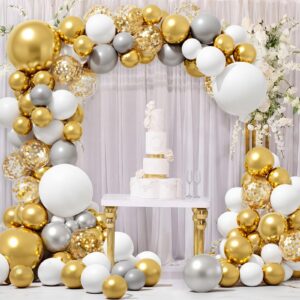 80pcs gold white silver balloons garland arch kit different sizes, latex balloons set for wedding birthday graduation baby shower bachelorette engagement anniversary party decorations