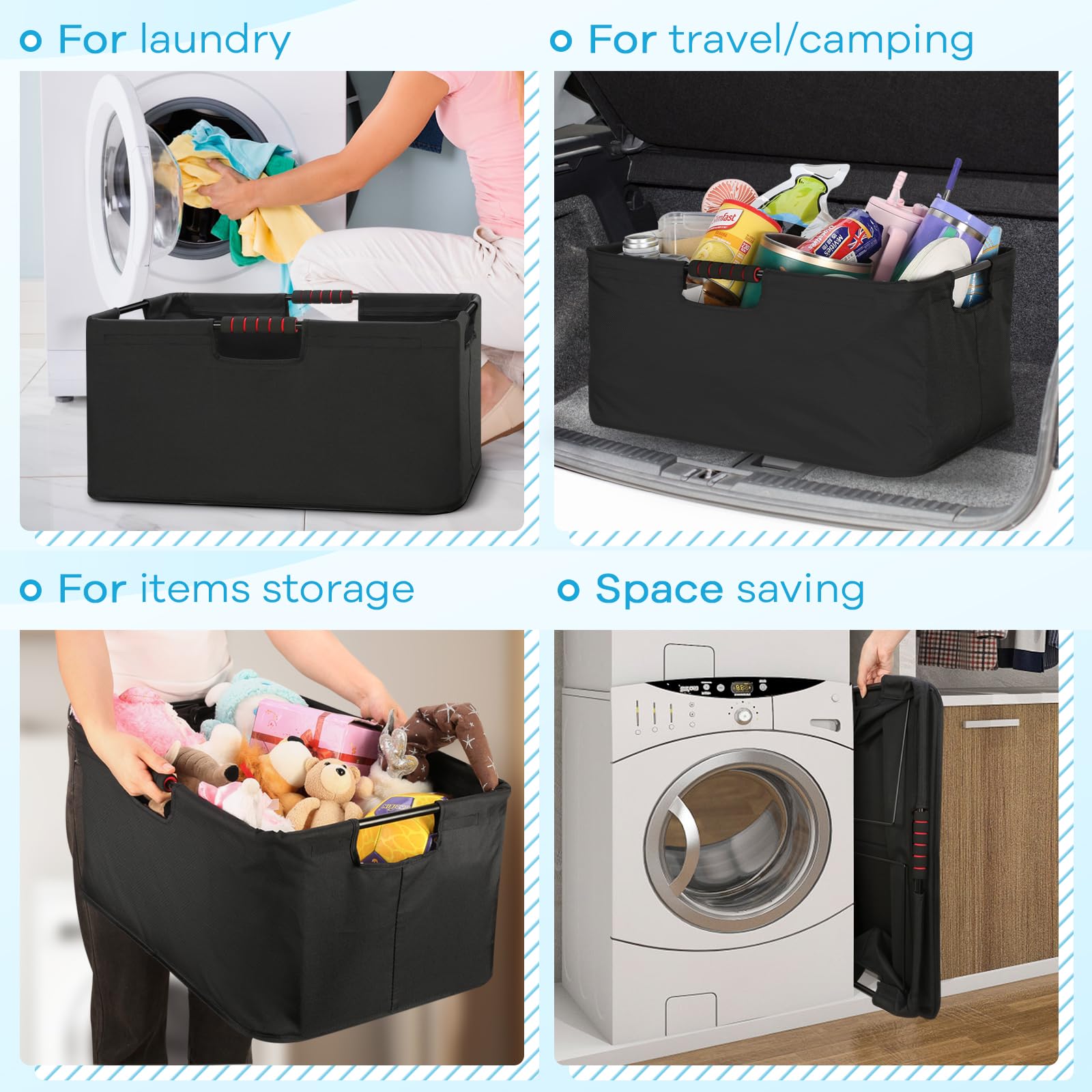 Large Collapsible Laundry Basket with Lumbar Support Foam Handles, 64L Foldable Laundry Hamper, Portable Storage Bin for Family, Travel, College Dorm, Car Trunk, Easy Storage and Carring, Black