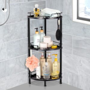 outink corner shower caddy stand, metal floor standing shower organizer with 4 hooks, multi-function shower shelf rack stand for bathroom inside shower (3-tier)