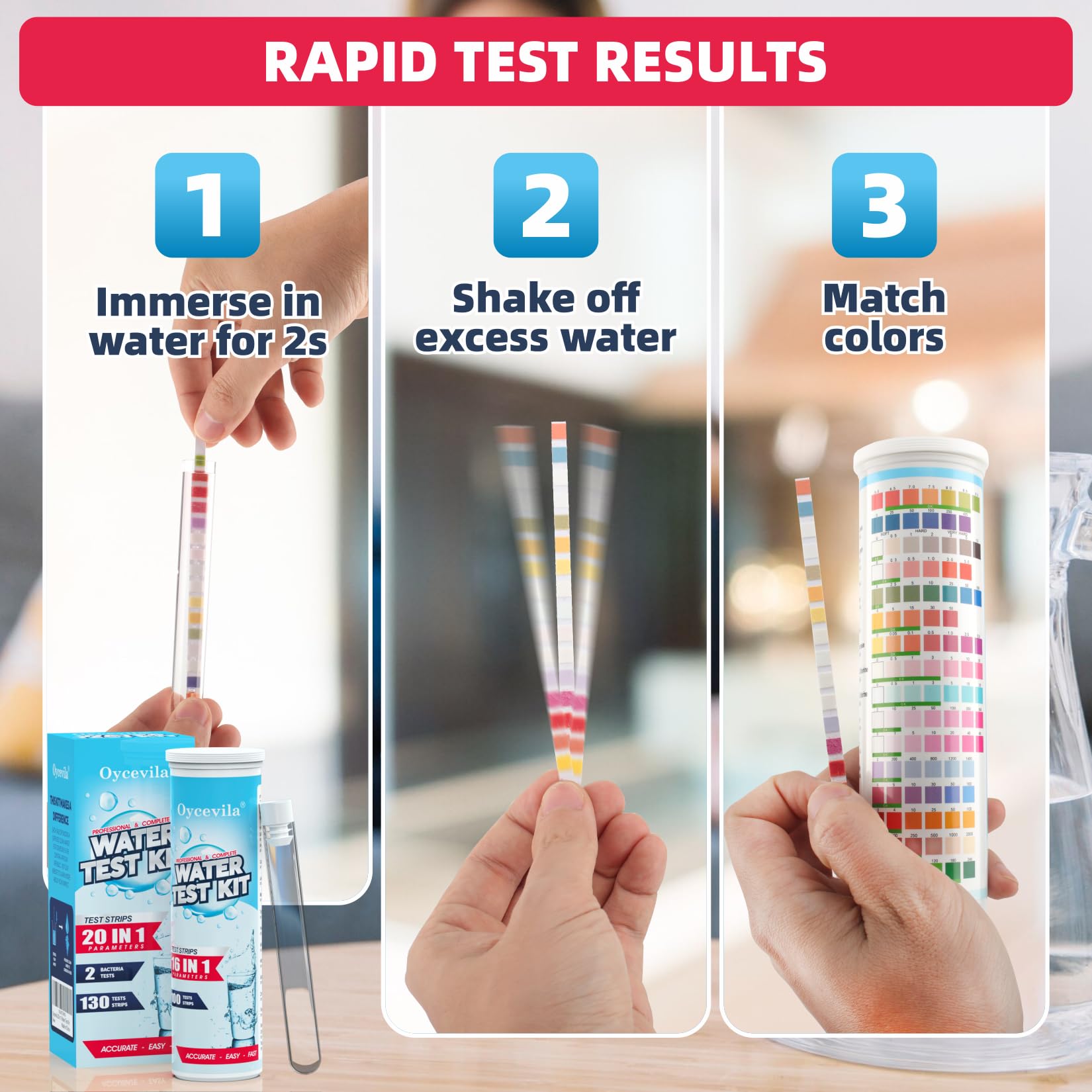 20 in 1 Water Testing Kit Home, Easy & Simple Drinking Water Test Kit & Well Water Test Kit, 130 Strips Water Test Strips for Hardness, pH, Lead, Iron, Fluoride, Chlorine, Bacteria, Etc - by Oycevila