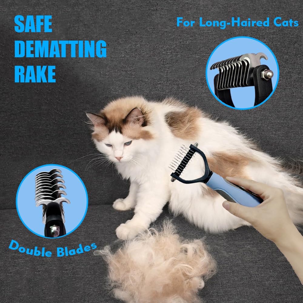 Grooming Brush Kit - 5pcs for Shedding & Matted Fur, Self-Cleaning with Flea Comb for Indoor Long-Haired Cats, Blue