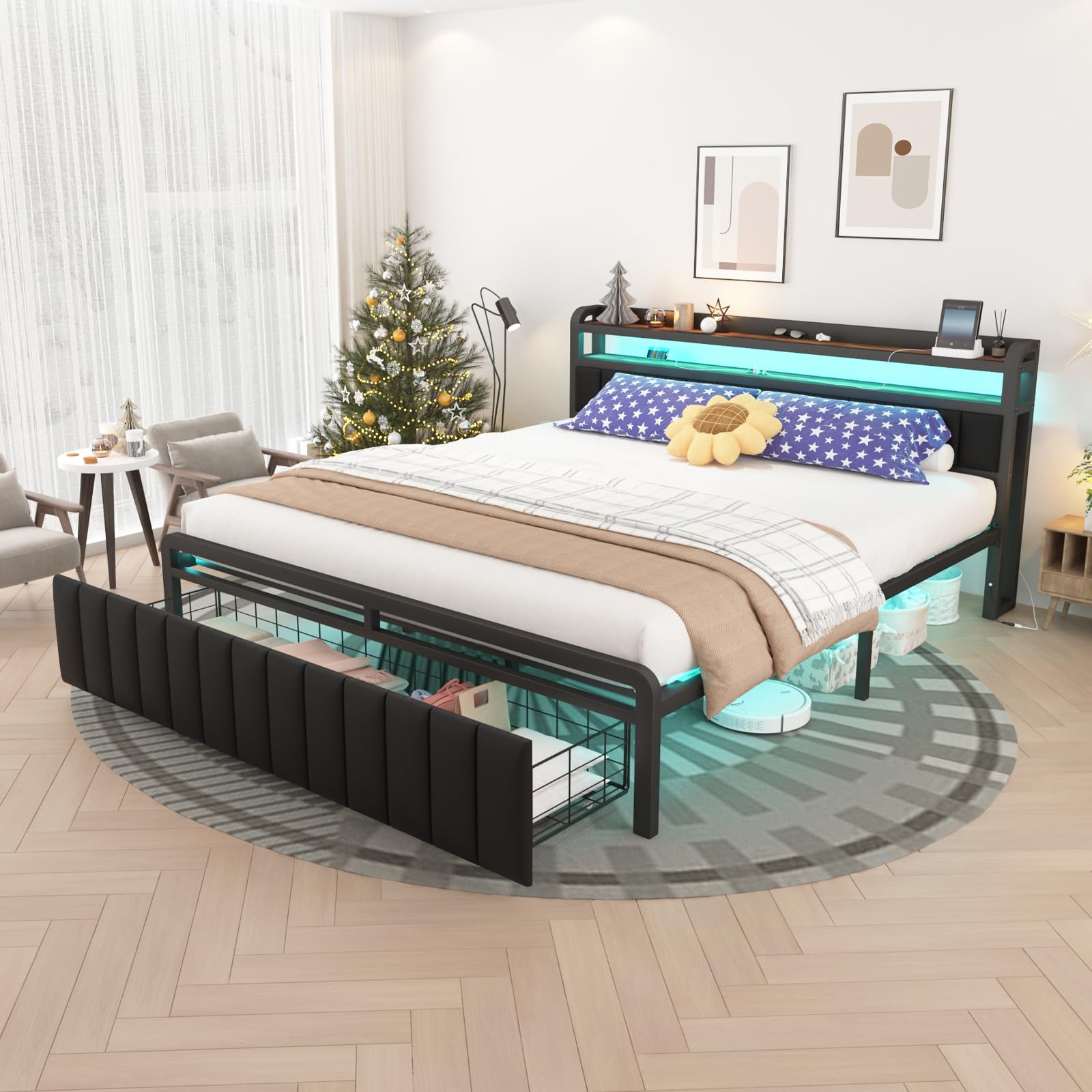 LoVinson Queen Bed Frame with Storage Headboard and LED Sensor Lights, Upholstered Headboard with Charging Station, Metal Platform Bed with Drawers, Noise-Free, Non-Slip, Black