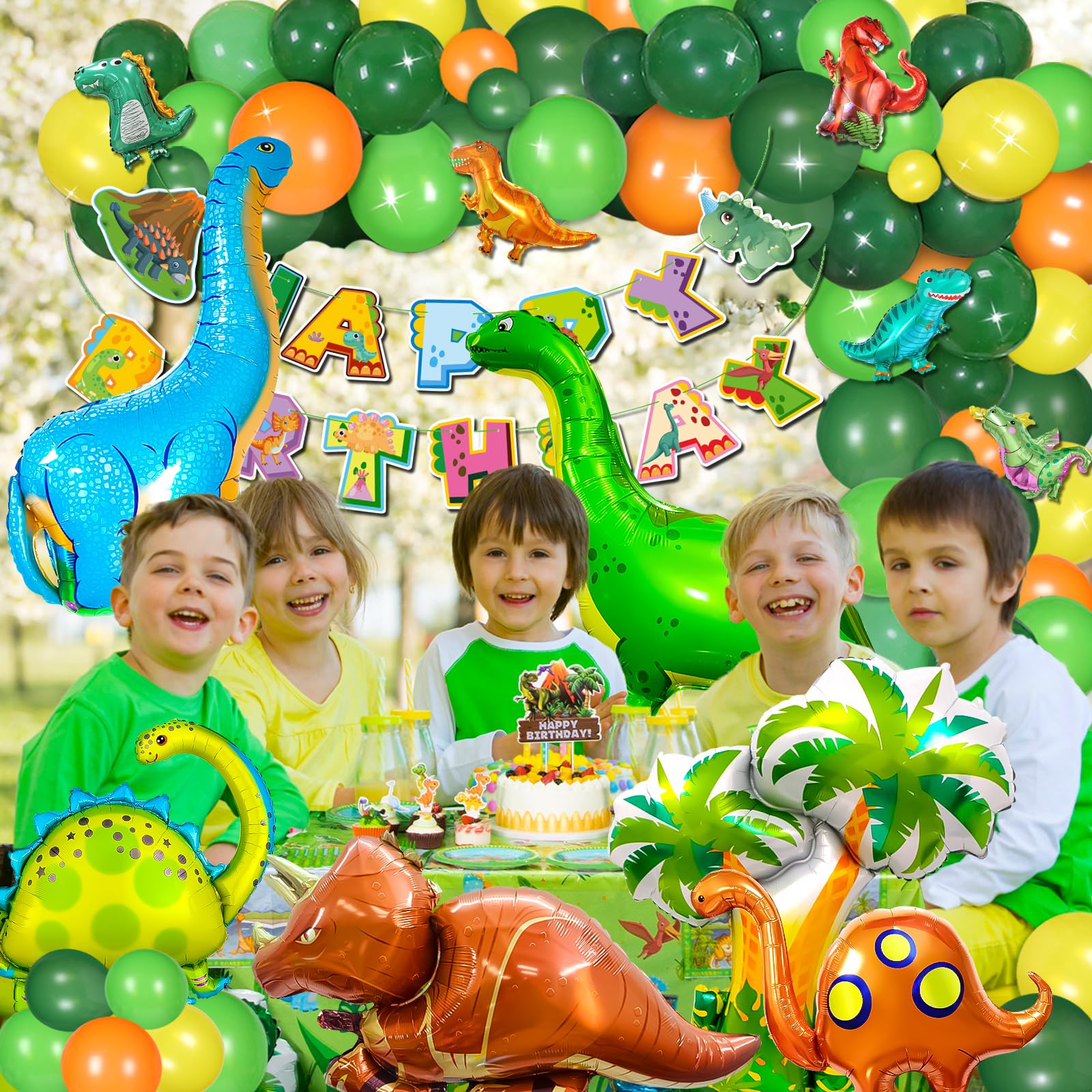 HJINGY Dinosaur Birthday Decorations, Dinosaur Party Decorations for Kids, Dinosaur Balloons Arch Garland Kit Includes Foil Balloons Happy Birthday Banner Curtains for Baby Shower Dino Themed Party