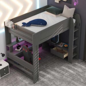 Merax Loft Bed Full Size with Gaming Desk, Mulfunctional Wood Loft Bed with Storage Shelves, Drawer and Charging Station, for Teens Adults (Dark Grey)