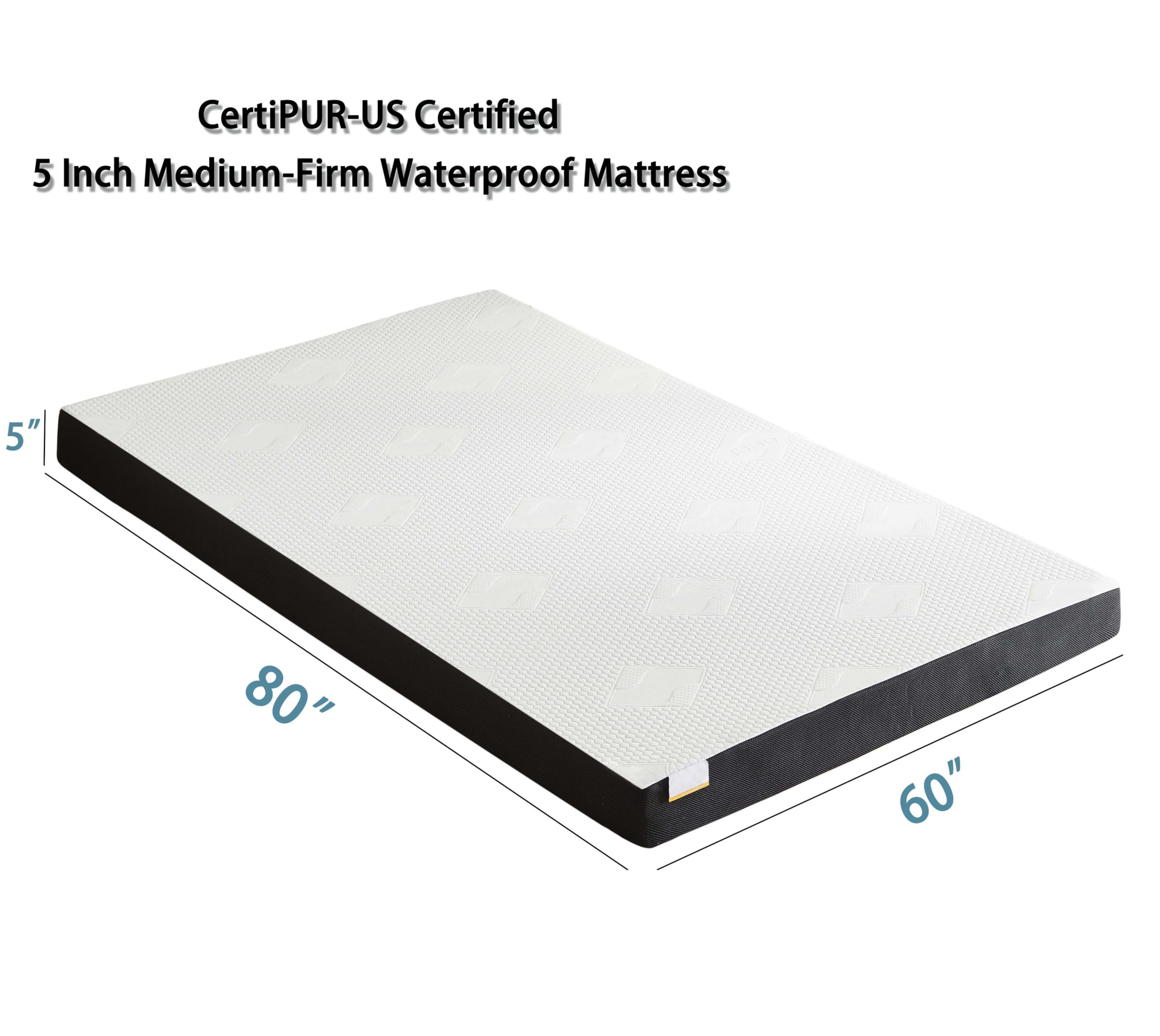 Memory Foam Mattress, 5Inch, Queen Waterproof Cover Mattress, Gel Memory Foam, Medium Firm Feel, Washable Pressure Relief & Cool Sleep Bed in a Box CertiPUR-US Certified