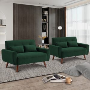 Tornama 48" Small Loveseat Sofa Set, 2-Piece Mid Century Modern Love Seat Couch, 2 Seat Tufted Couches with Throw Pillows for Living Room, Apartment, Bedroom and Small Spaces, Green