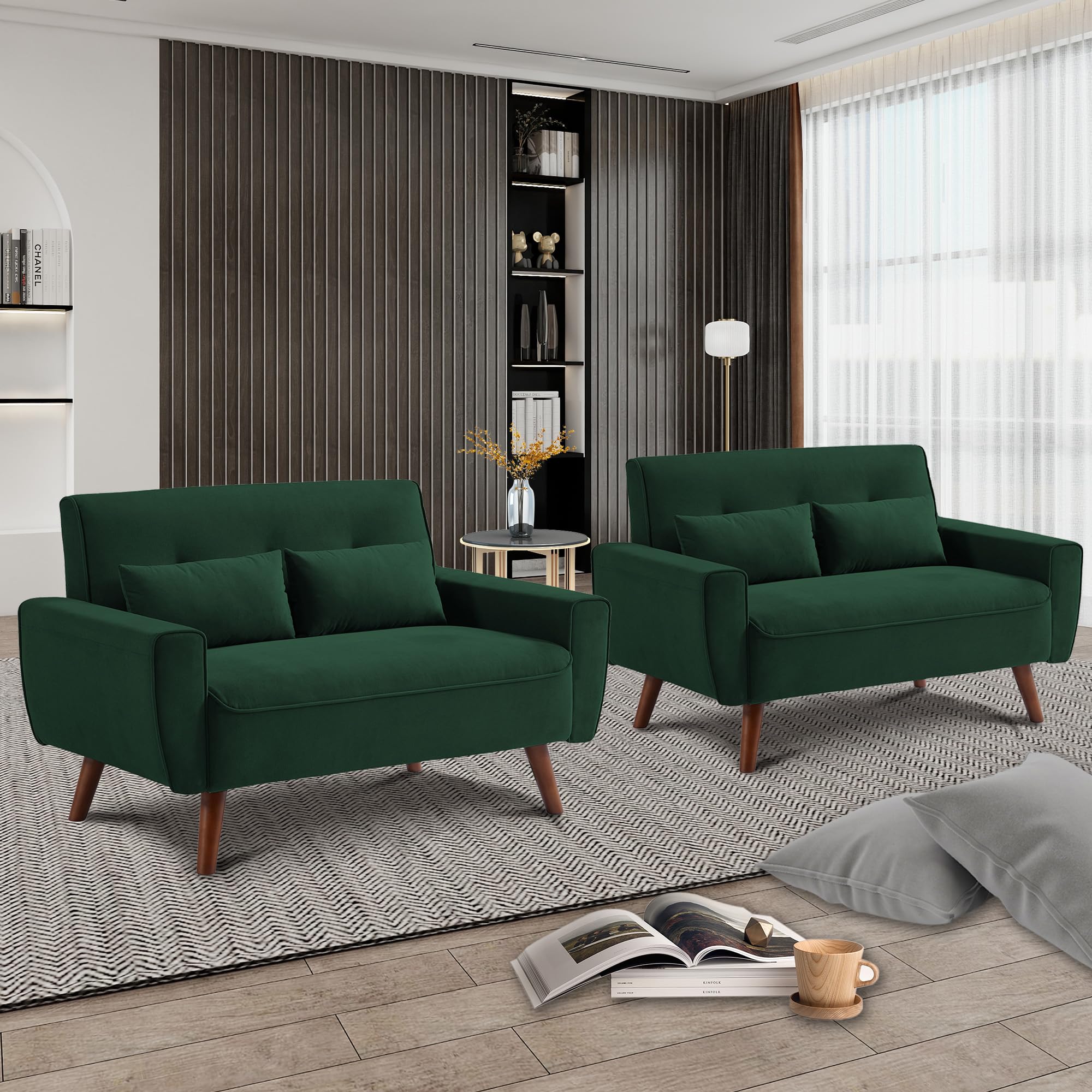 Tornama 48" Small Loveseat Sofa Set, 2-Piece Mid Century Modern Love Seat Couch, 2 Seat Tufted Couches with Throw Pillows for Living Room, Apartment, Bedroom and Small Spaces, Green