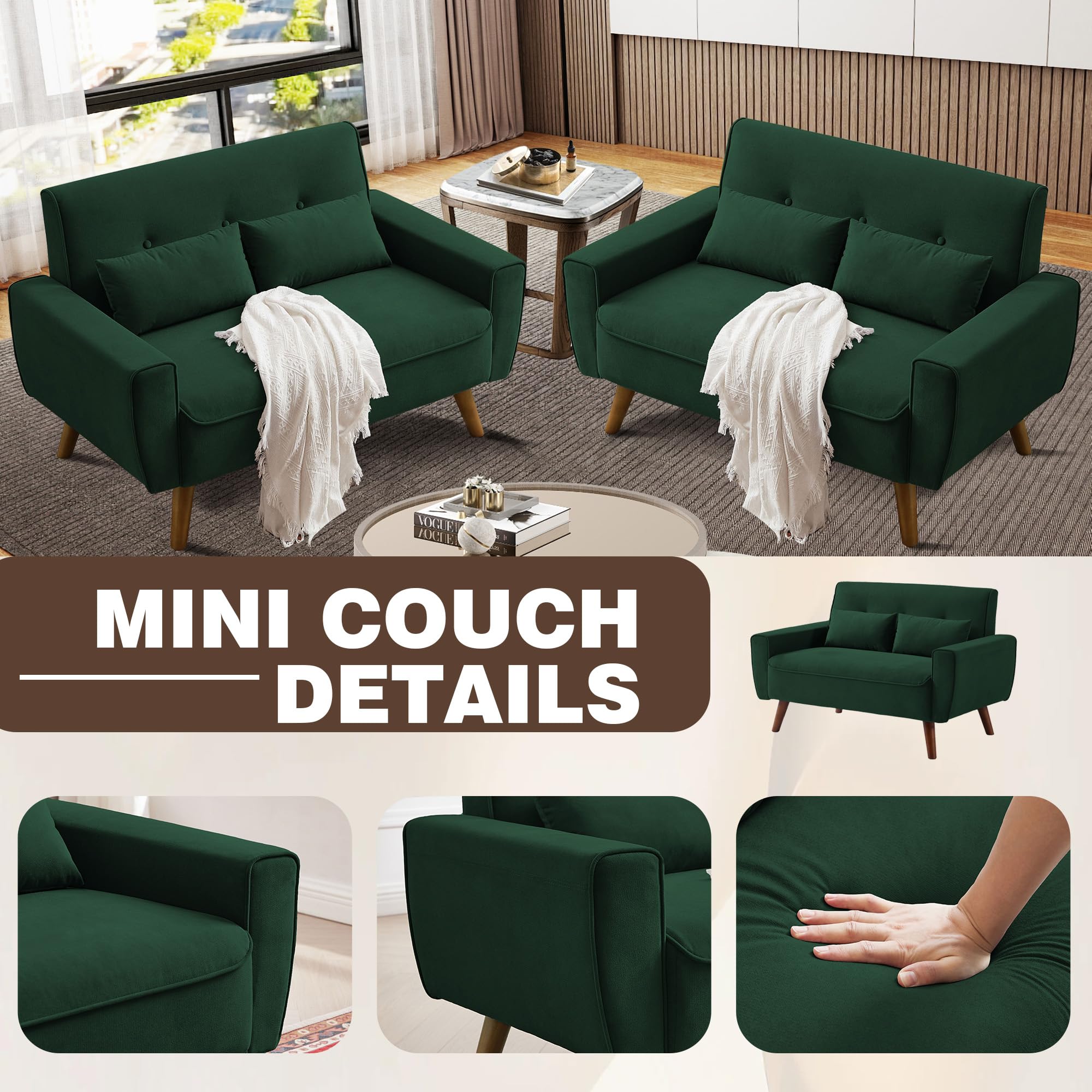 Tornama 48" Small Loveseat Sofa Set, 2-Piece Mid Century Modern Love Seat Couch, 2 Seat Tufted Couches with Throw Pillows for Living Room, Apartment, Bedroom and Small Spaces, Green