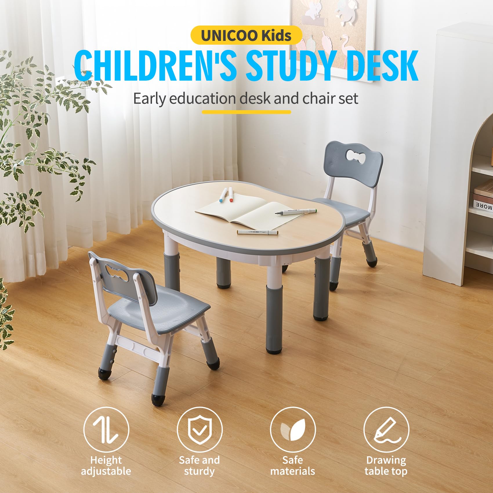 UNICOO Kids Table and Chairs Set - Toddler Table and Chair Set, Kids Study Table, Kids Play Table with 2 Chairs, Graffiti Desktop, Classroom/Daycare/Home, Children Multi-Activity Table for Ages 2-10