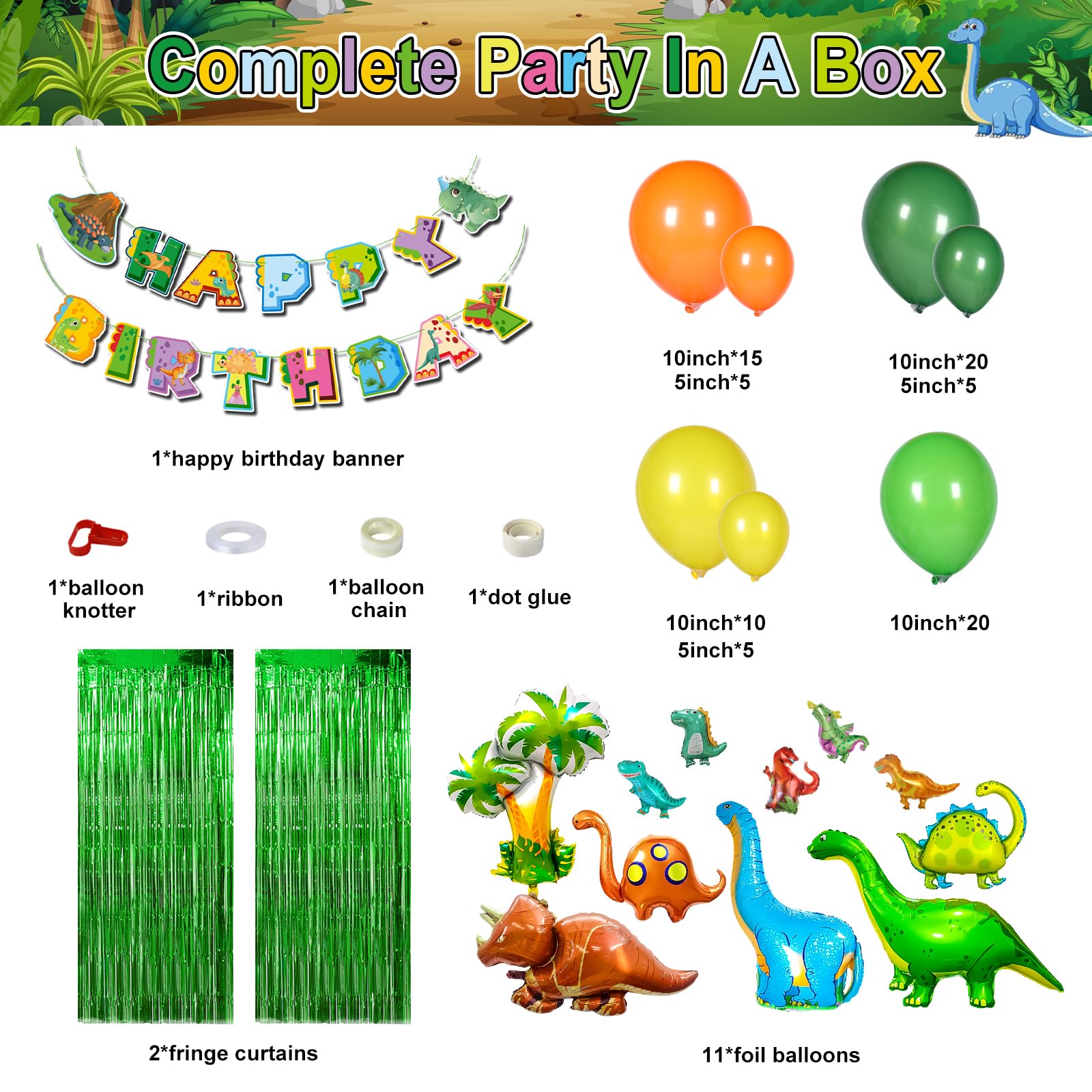 HJINGY Dinosaur Birthday Decorations, Dinosaur Party Decorations for Kids, Dinosaur Balloons Arch Garland Kit Includes Foil Balloons Happy Birthday Banner Curtains for Baby Shower Dino Themed Party