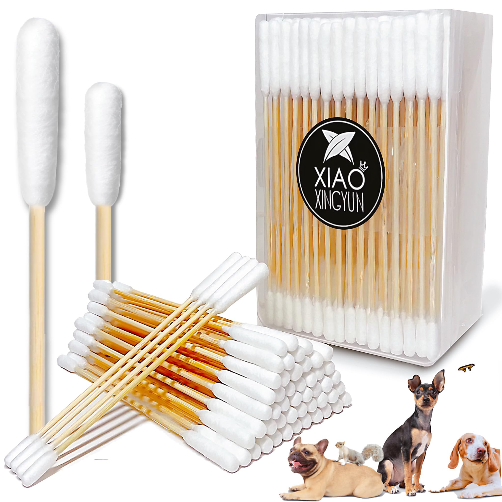 100 PCS 6 Inch Long Cotton Swabs in Box - Professional Large Cotton Swabs with Bamboo Handle - Double Sided Dog Ear Swabs - Specially Designed Big Cotton Swabs for Dog Ear, Cleaning Solution