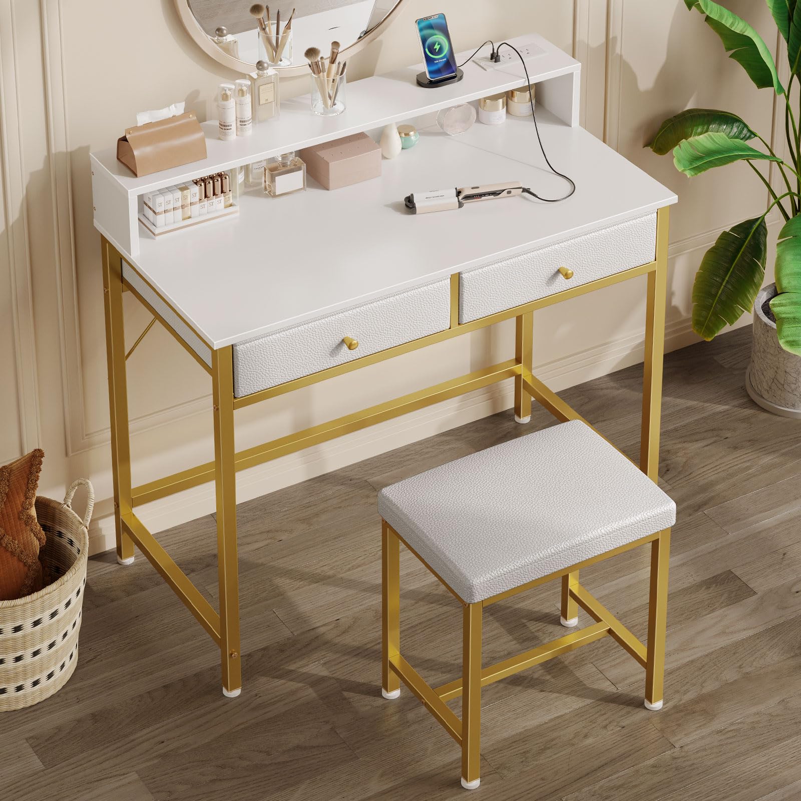 Seventable Vanity Desk Without Mirror, Makeup Vanity with Drawers and Charging Station, Small Desk with Storage for Bedroom, Simple Home Office Computer Desk for Small Spaces, White and Gold Leg