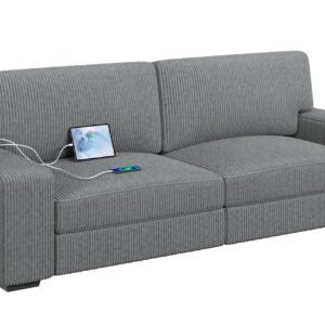 Yaheetech 83.5" W Modern Sofa Couch Corduroy Fabric Sofa with USB Charging Ports & Side Storage Pockets for Living Room Apartment, Dark Gray