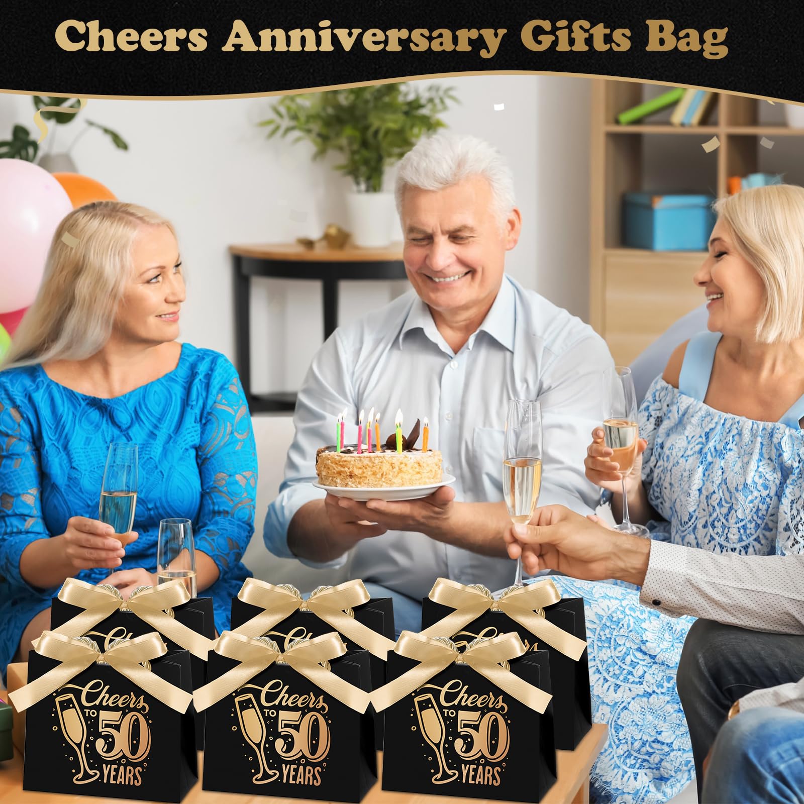 Clysee 25 Pcs Birthday Gift Bags with Handles Black and Gold Party Favor Bags Bulk for Birthday Wedding Anniversary Supplies Decorations, 5.51 x 2.36 x 4.72 Inches(Cheers to 50)