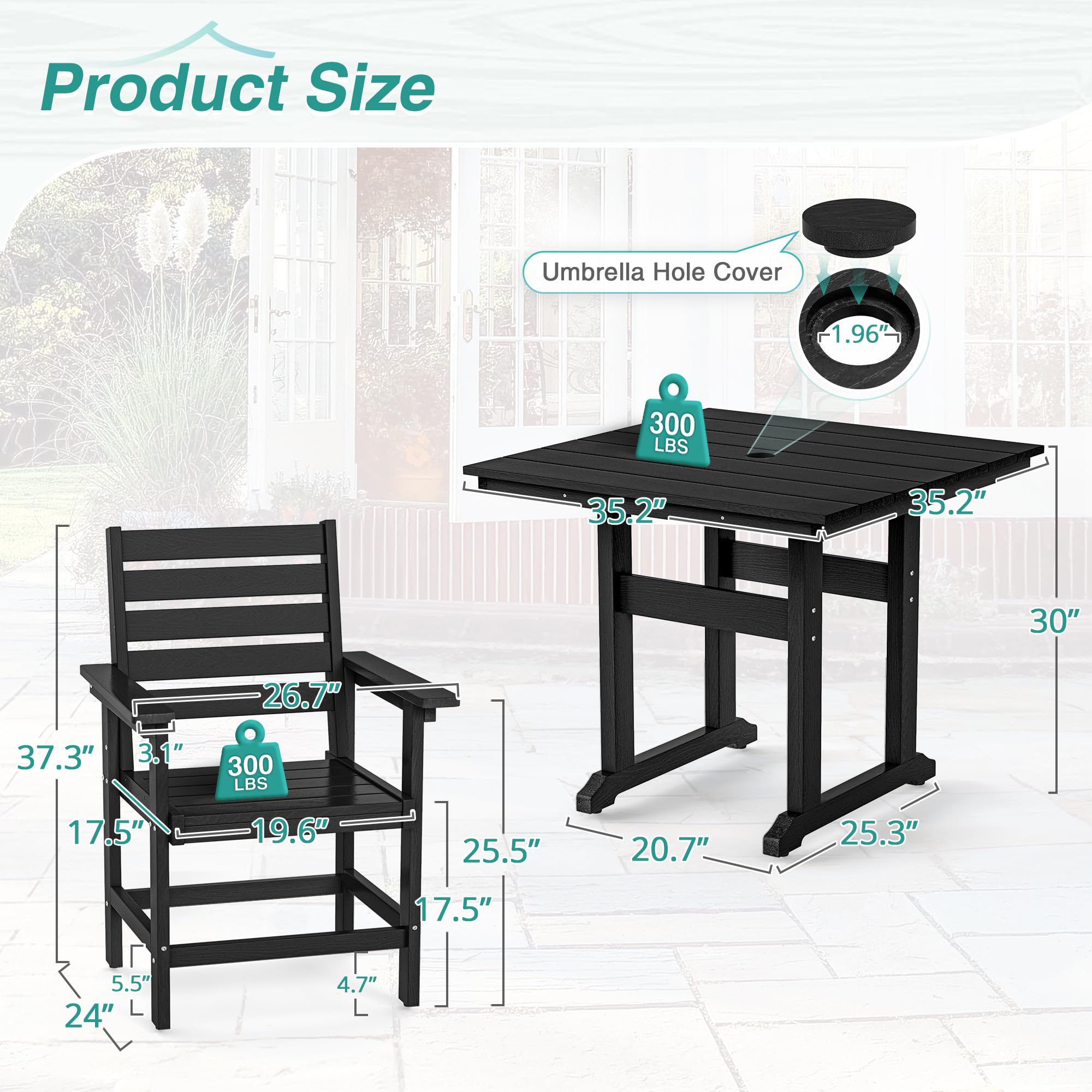 Homenjoy Patio Table and Chairs Set 5 Pieces, HDPE Weather Resistant Outdoor Dining Set with 1.95" Umbrell Hole, Square Outdoor Dining Table with 4 Patio Chairs, Patio Dining Set for Balcony, Black