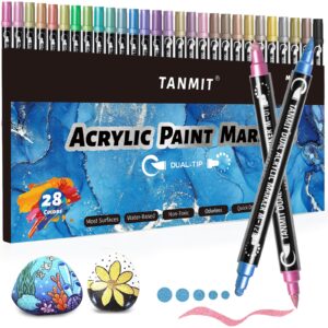 28 metallic colors acrylic paint markers, dual tip acrylic paint pens for rock painting, black paper, wood, canvas, stone, glass, ceramic, diy crafts making art supplies (brush tip and round tip)