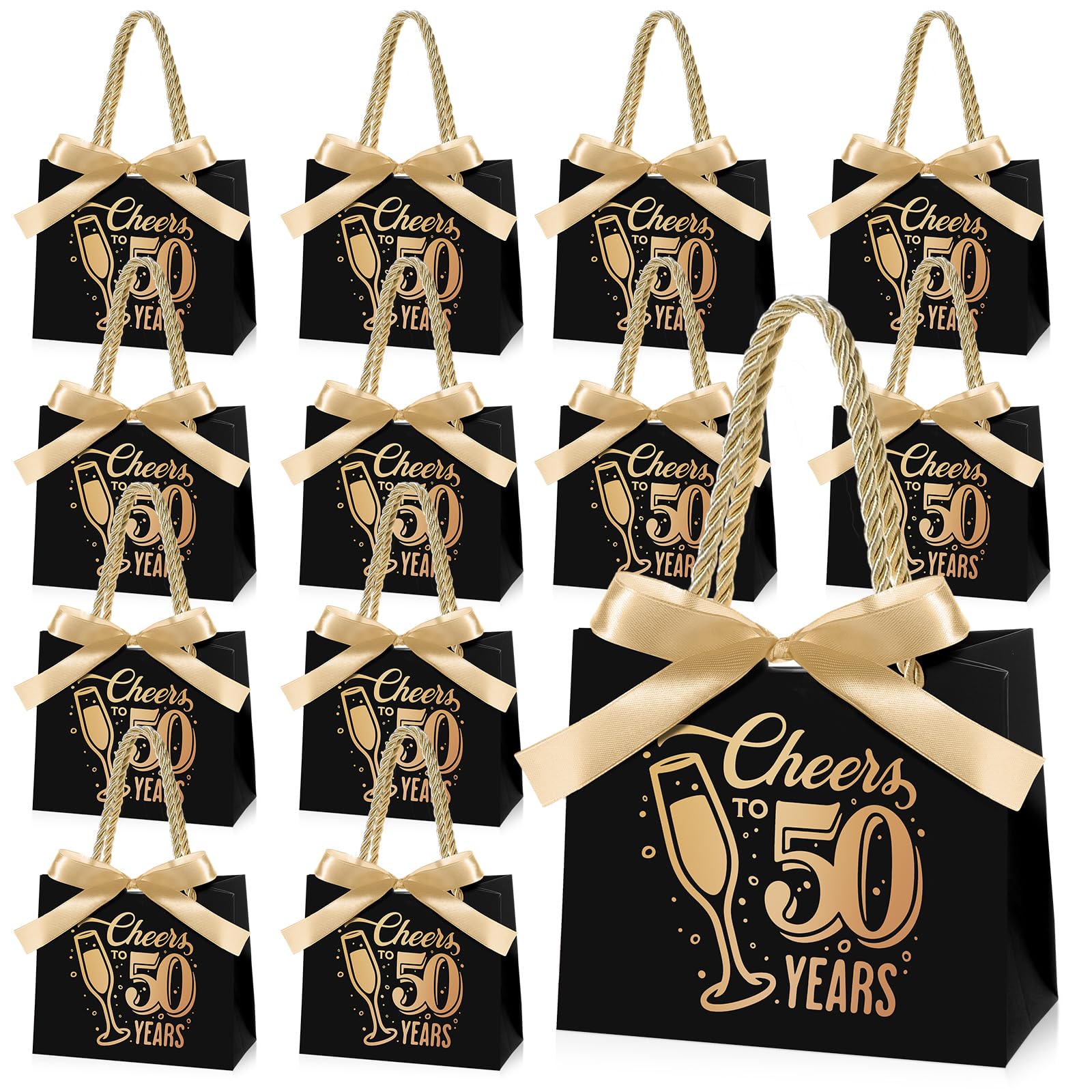 Clysee 25 Pcs Birthday Gift Bags with Handles Black and Gold Party Favor Bags Bulk for Birthday Wedding Anniversary Supplies Decorations, 5.51 x 2.36 x 4.72 Inches(Cheers to 50)