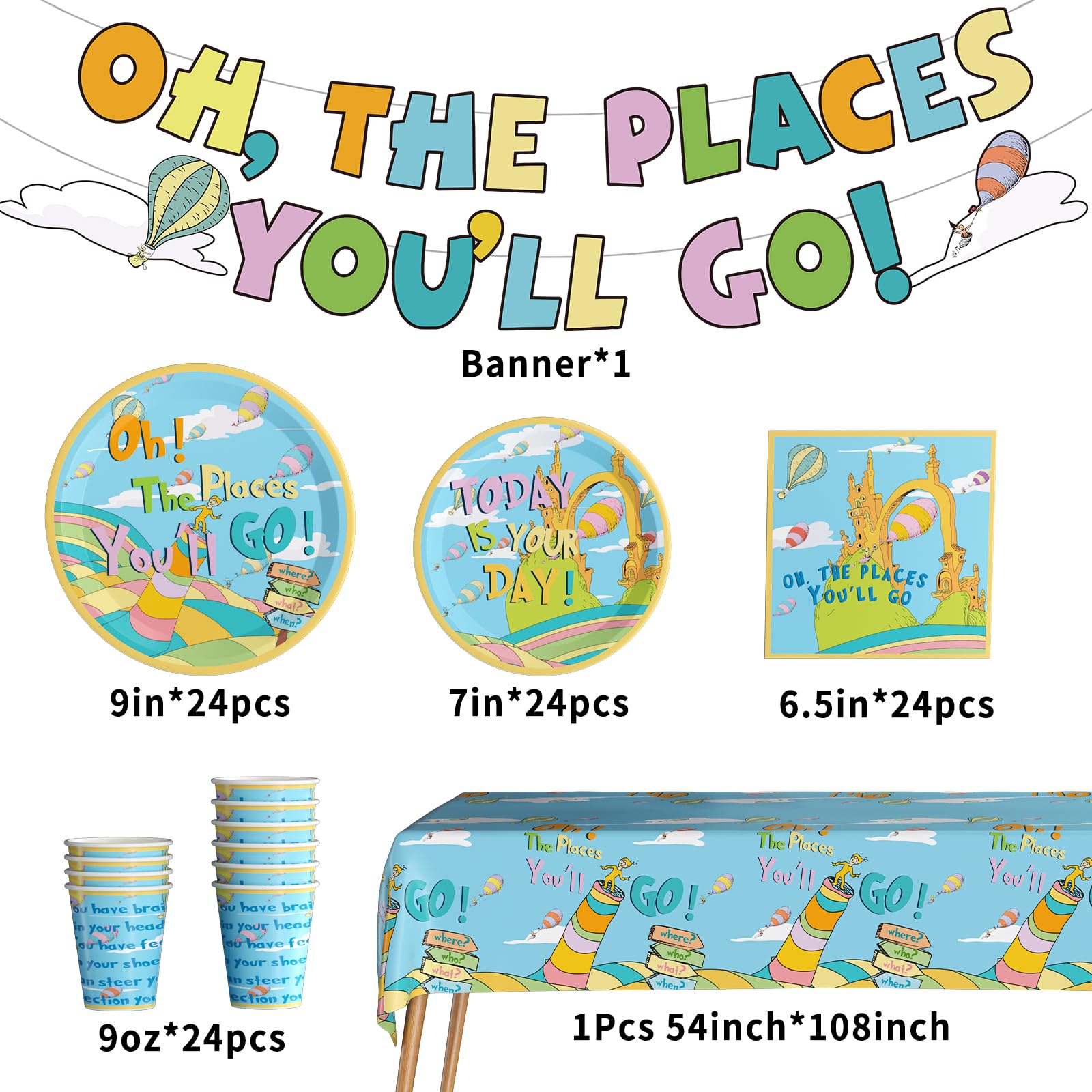 Oh The Places You' ll Go Decorations Dr Seuss Graduation Party Decorations Oh The Places You'll Go with Dinner Plates, Napkins, Cups, Tablecloth for Kindergarten Graduation Party Supplies Serves 24