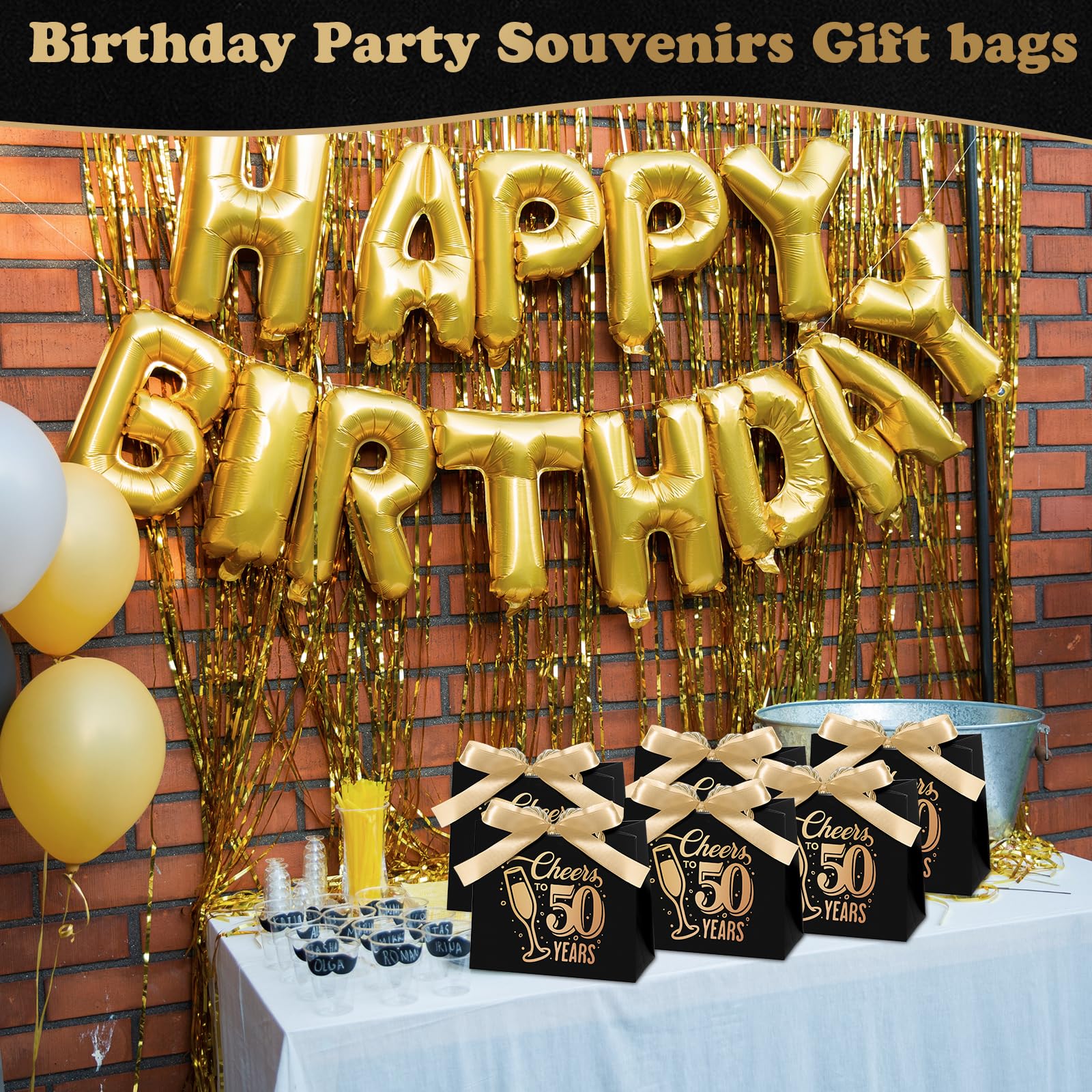 Clysee 25 Pcs Birthday Gift Bags with Handles Black and Gold Party Favor Bags Bulk for Birthday Wedding Anniversary Supplies Decorations, 5.51 x 2.36 x 4.72 Inches(Cheers to 50)