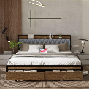 haoara king size metal platform bed frame with 2 storage drawers & led light, velvet button-tufted headboard with outlet & usb charging port, heavy duty, brown wooden panel, no box spring needed