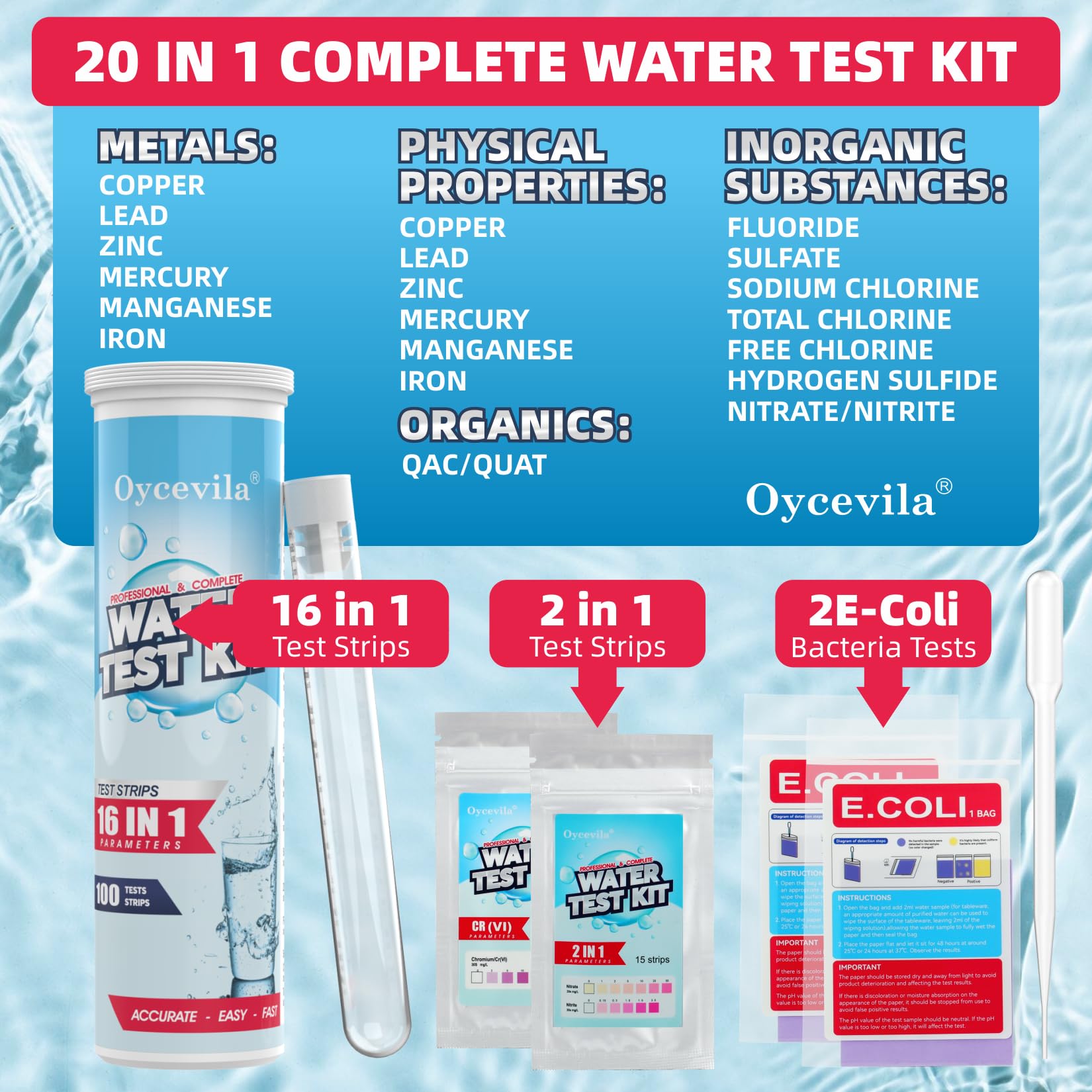 20 in 1 Water Testing Kit Home, Easy & Simple Drinking Water Test Kit & Well Water Test Kit, 130 Strips Water Test Strips for Hardness, pH, Lead, Iron, Fluoride, Chlorine, Bacteria, Etc - by Oycevila