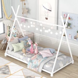 twin floor bed with slats and triangle structure, montessori floor bed frame twin size, twin size house floor bed/montessori bed for kids, girls, boys, white