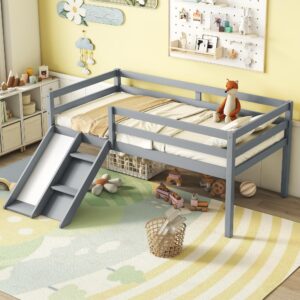 low loft bed with slide, twin size kids loft bed frame with climbing ladder and safety guard rail, wood junior loft bed for girls, boys, kids, matte gray.