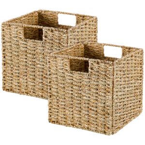 lgenhoom handwoven seagrass storage baskets foldable wicker storage cubes 11x11in hyacinth baskets rustic set of 2 multipurpose collapsible storage organizer for bedroom living room shelves