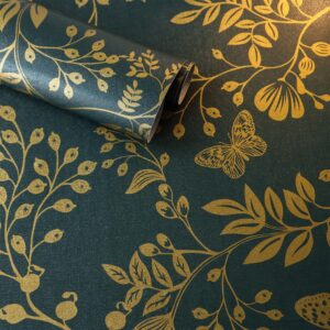 wudnaye green vintage floral wallpaper peel and stick wallpaper dark green and gold flower leaf butterfly contact paper 17.7" x 118.1" removable self adhesive boho wallpaper for bedroom cabinets decor