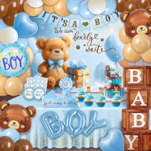 party spot！bear baby shower decorations boy,80 pcs balloons,4 wood grain blocks with letter,"we can bearly wait" backdrop,banner,tablecloth,balloon pump, blue brown bear theme