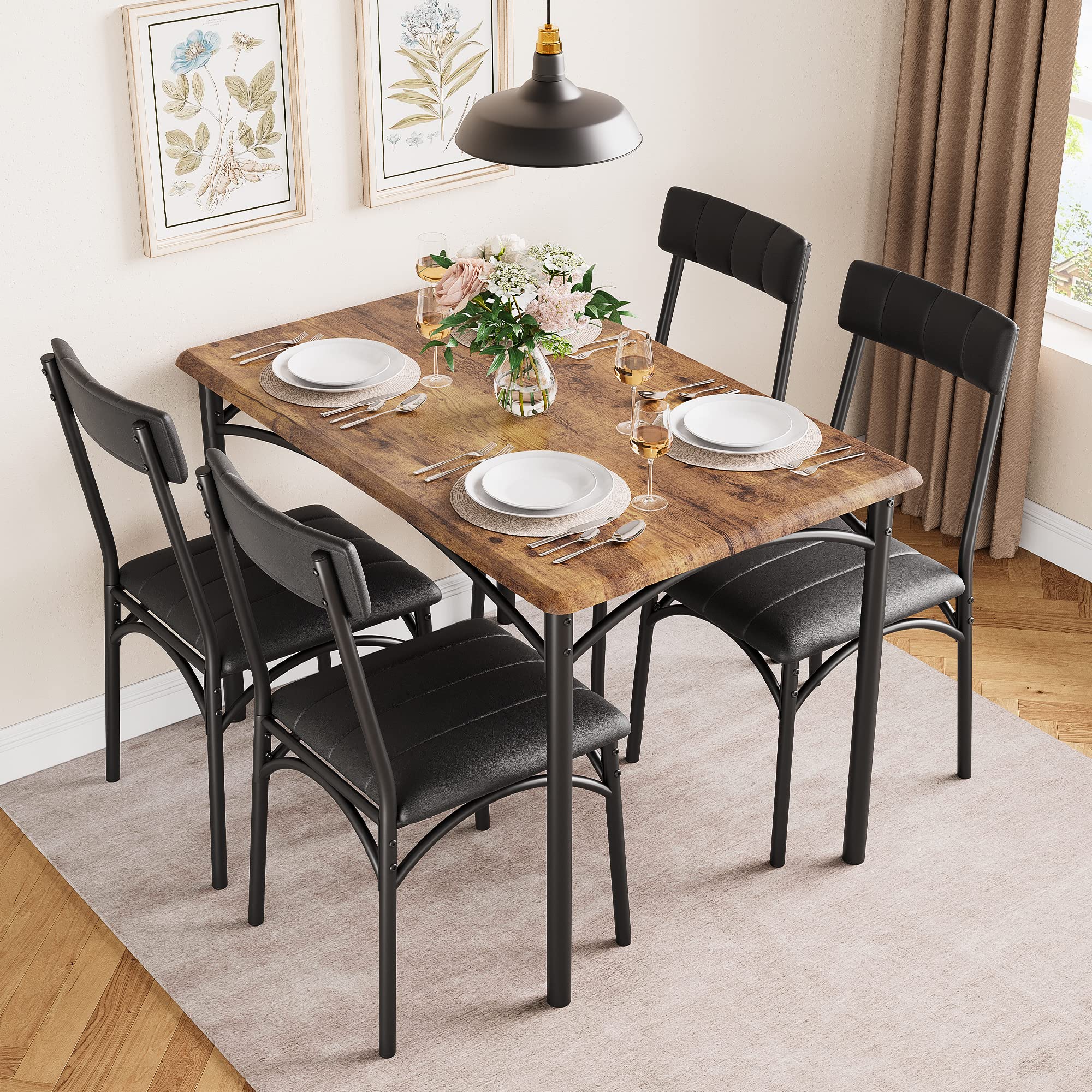 IDEALHOUSE Dining Table Set for 4, Kitchen Table and Chairs for 4 with Upholstered Chairs, 5 Piece Rectangular Kitchen Table Set, Dining Room Table Set for Small Space, Apartment, Rustic Brown