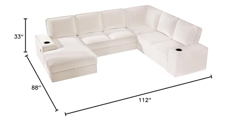 PaPaJet U Shaped Sofa, 7 Seater Sofa with USB Ports, Sectional Sofa Couch with Storage Chaise, Corduroy Beige