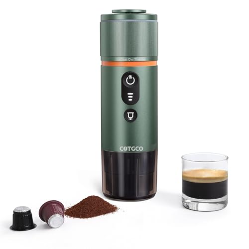 COTGCO Portable Espresso Coffee Machine: 12V Electric Travel Expresso Maker - Self Heating 8 Cups Battery Powered Compatible for Nespresso Capsule - for Camping Travel RV Hiking (Forest Green)