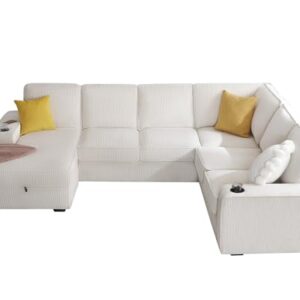 PaPaJet U Shaped Sofa, 7 Seater Sofa with USB Ports, Sectional Sofa Couch with Storage Chaise, Corduroy Beige